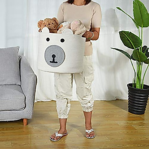 InfiBay Cotton Rope Storage Basket with Cute Bear Design, Woven Laundry Basket with Handles, Baby Nursery Organizer for Toys, Blanket, Clothes, Towels, 12”(D) x 11”(H)