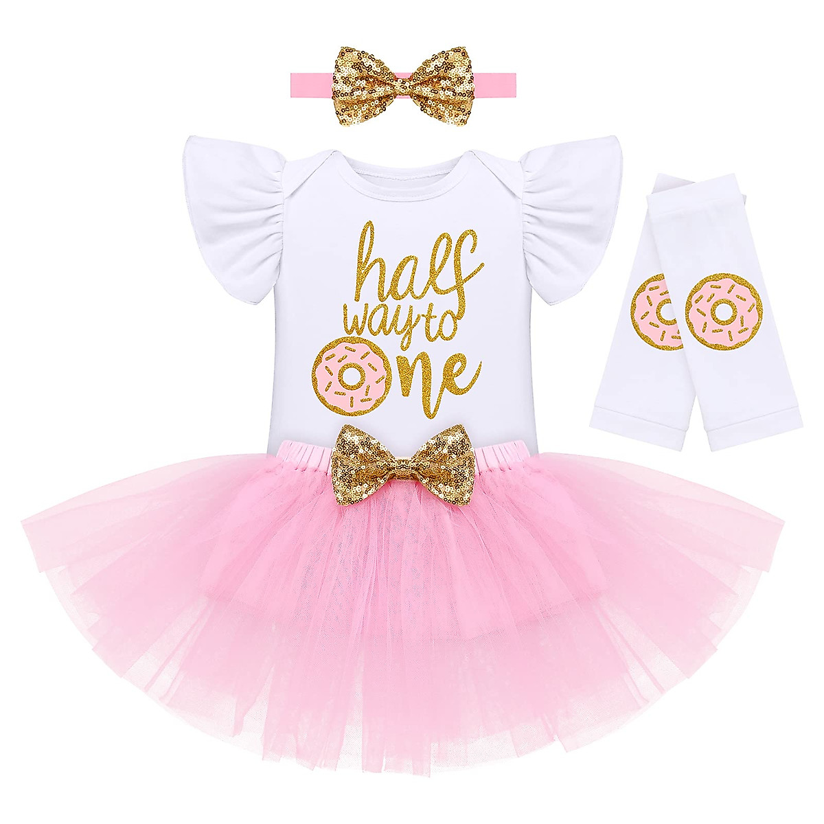 IBTOM CASTLE Newborn Toddler Baby Kid Girls Big Sister Outfits Clothing Set 1st Birthday Donut Letter Print Party Dress up 4Pcs Photo Cake Smash Formal Suit Donut Gold-half way to one 6 Months