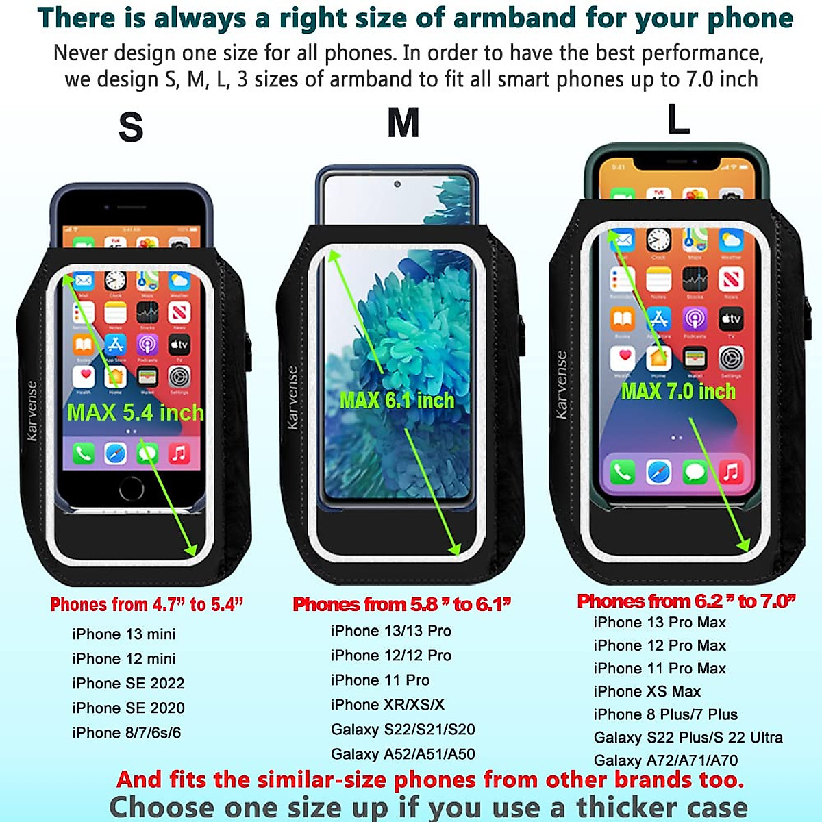 Phone Holder for Running, Karvense Phone Arm Bands for Running Exercise Workout Jogging, for iPhone SE/13 mini/12 mini/11 Pro/8/7/6s, Samsung Galaxy, up to 5.4'', Cell Phone Armband with Zipper Pocket