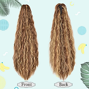 YEAME Wavy Ponytail Extension Claw Clip, 22 Inch Corn Wave Pony Tail Synthetic Brown Mixed Blonde Hair, Long Curly Jaw Ponytail Hair Extainson for Women Girls (Brown Mixed Blonde)