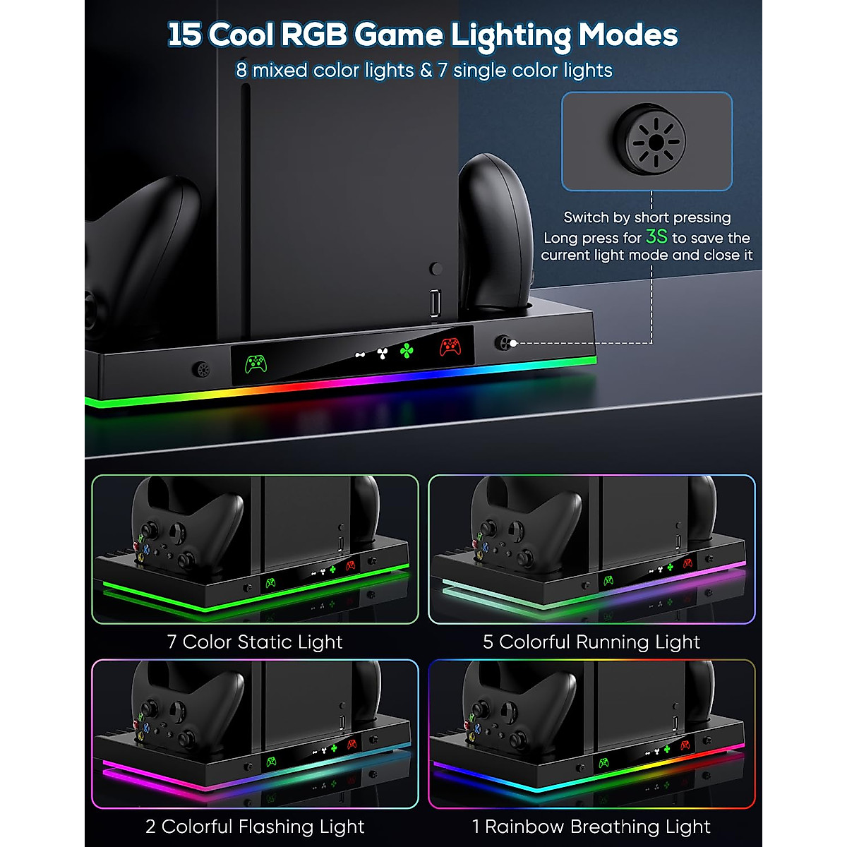 Upgrade Cooling Fan & Dual Charging Stand for Xbox Series X Console & Controller,Cooler Charger Station System for Series X with 15 RGB Lights,2 x 1400mAh Rechargeable Battery,Disc Accessories Storage