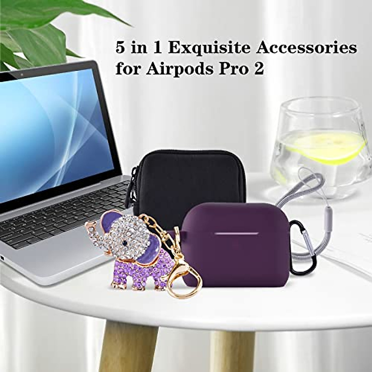 MOFREE for Airpods Pro 2 Case 2022, Soft 5 in 1 Silicone Protective Cover for Airpods Pro 2nd Generation Case Women with Bling Elephant Keychain, Wireless Charging [Front LED Visible]-Purple