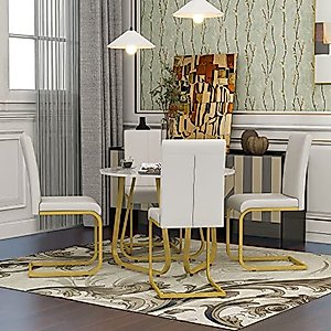 YuiHome 5-Piece Round Dining Furniture Set with Faux Marble Table and Four Chairs with Metal Legs for Kitchen, and Living Room, 5Pcs, White