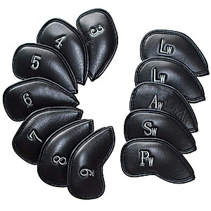 Golf Iron Head Covers 12 Pcs/Set Synthetic Leather Value Pack Deluxe Headcovers Fit All Brands Blue Red Black Green Brown for Men Women (Black)