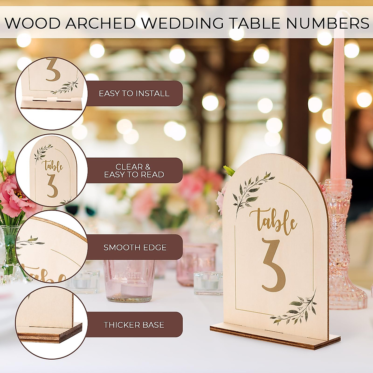 Giftormous Table Numbers for Wedding Reception - 5x7 Inch Double-Sided Arch Wedding Table Number Sign 1-15, with Wooden Base for Party Table Centerpiece Decoration