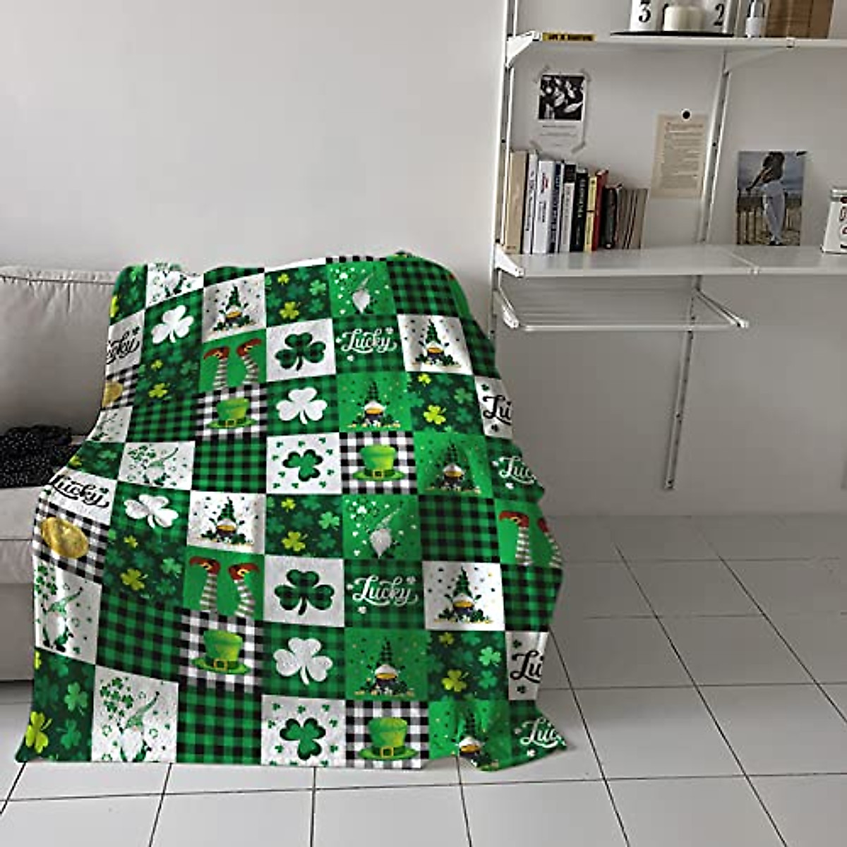 Green Buffalo Plaid Clover Soft Fleece Throw Blankets for Couch, Saint Patrick Microfiber Bed Blanket, St. Patrick's Day Gnome, 40x50inch Flannel Blanket Cover for Sofa Travel, for All Seasons