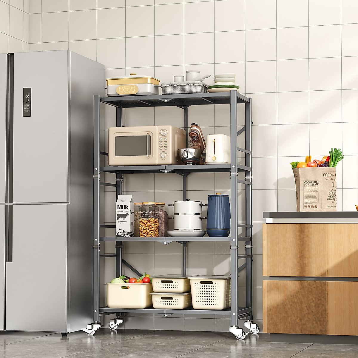 4-Tier Rolling Cart, HERJOY Folding Collapsible Utility Cart, Storage Shelves Trolley Service Cart with Rotational Wheels for Kitchen, Bathroom, Living Room and Office, Grey