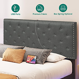 YITAHOME Queen Size Bed Frame, LED Bed Frame with Upholstered Adjustable Diamond Headboard, Platform Bed with USB Ports & Motion Sensor Light, Easy Assembly, No Box Spring Needed, Gray