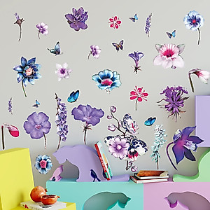 25 Pieces Purple Cluster Flowers Wall Decals Morning Glory Wall Stickers Peony Wall Decal Lotus Wall Sticker DIY Removable Butterfly Decor for TV Background Girls Bedroom Nursery Classroom Living Room