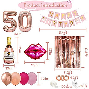 50th Birthday Decorations Women Rose Gold Hot Pink 50 and Fabulous Birthday Decor Cheers to 50 Years Rose Gold Happy Birthday Banner Curtain 50 Balloon Number Fifty Party Decor Lips Bottle Balloon