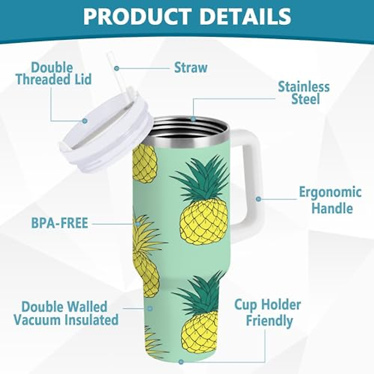 RPLIFE Bright Pineapple Print Light Green 40 Oz Tumbler with Handle, Stainless Steel Cups with Lid, Coffee Tumbler for Women