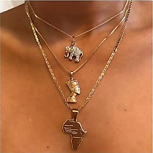 ACEDRE Africa Map Choker Necklace Crystal Elephant Layered Pendant Necklace Chains Gold Gothic Egyptian Queen Beach Adjustable Jewelry Dainty Accessory for Women
