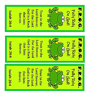 Fun Bright Green Fully Rely On God Frog F.R.O.G. Bible Verse Christian Bookmarks for Kids Inspirational Gifts Perfect for Reading Rewards Church Supplies Giveaways for Sunday School Bulk 100 Count