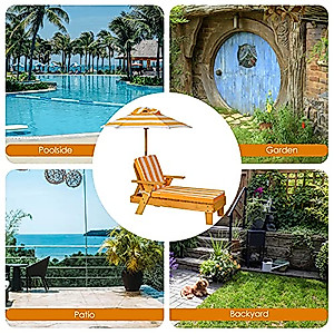 Costzon Kids Chaise Lounge, Wood Patio Chair w/Cushion & Umbrella, Detachable & Height Adjustable, Recliner for Beach Lawn Outdoor, Children Furniture Gift for Boy Girl 3-8 Year Old, Kids Beach Chair