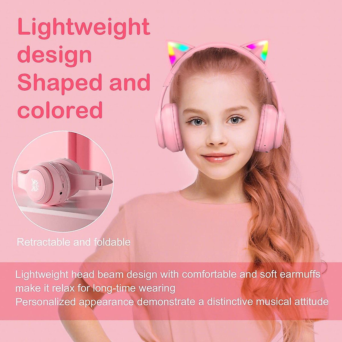 SIMGAL Bluetooth Cat Ear Headphones for Kids, Wireless & Wired Mode Foldable Headset with Mic, RGB LED Light, for Girls School Gaming, Compatible with Mobile Phones PC Tablet