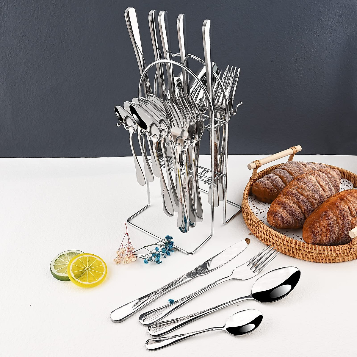 JASHII 24-Piece Hanging Flatware Set & Holder/Stand,Stainless Steel Knives Forks and Spoons Cutlery Set Service for 6, Dishwasher Safe, Nice Family Utensil Gift Set - Shiny Silver