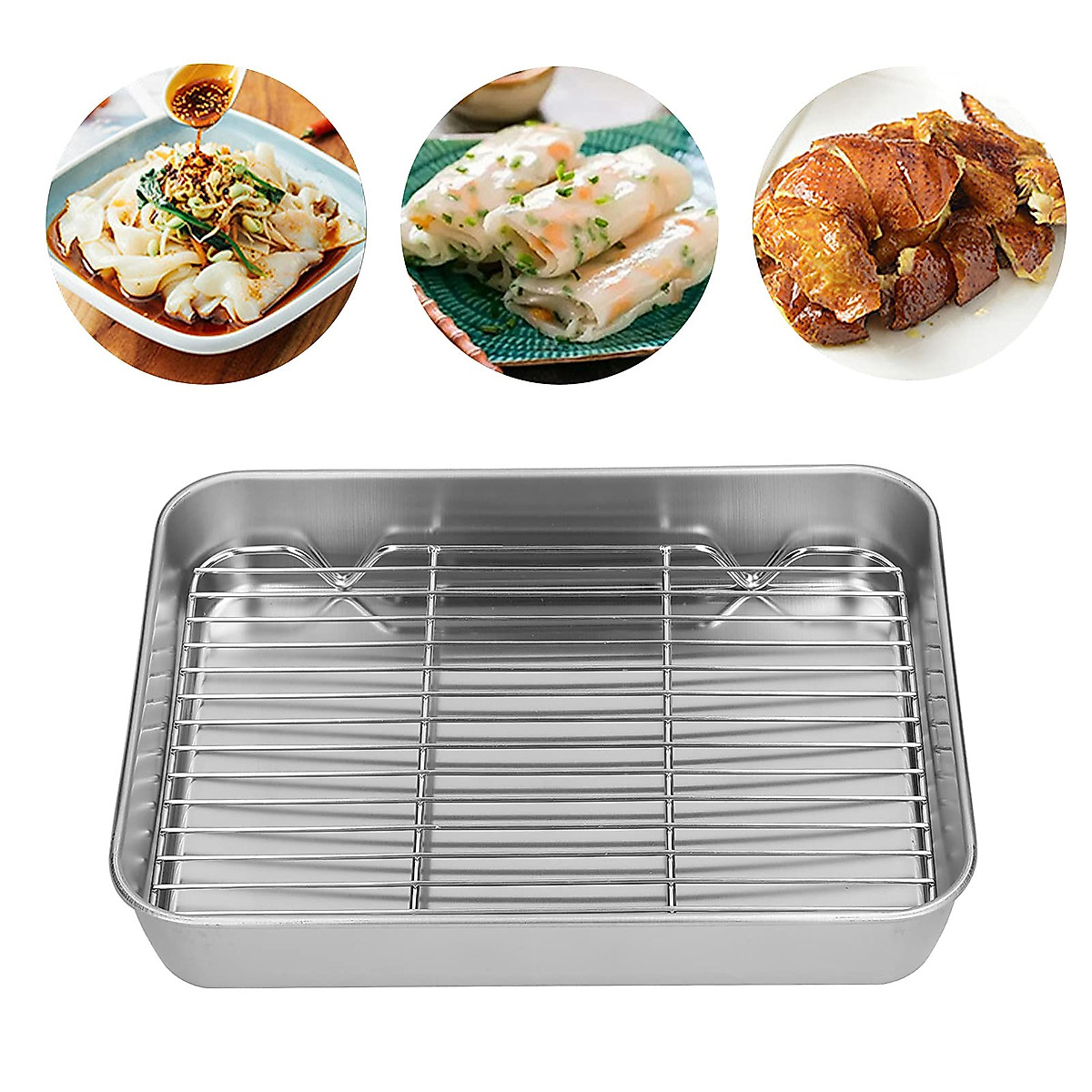 Roasting Pan with Floating Rack, Bakeware Nonstick Stainless Steel Roaster Rectangular Roaster Easy Clean for Cooking Baking(26.5 * 20.5 * 5CM)