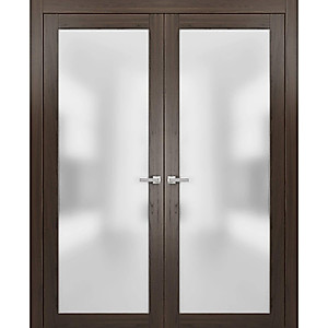 SARTODOORS - French Lite Frosted Glass Doors 72 x 80 | Planum 2102 Chocolate Ash | Frames Trims Satin Nickel Hardware | Bedroom Hall Solid Core Wooden Panels