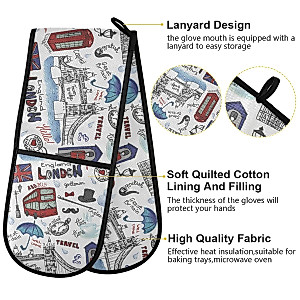 Quilted Double Oven Mitt - London Landmark Connected Oven Mitts Hot Gloves Great for Grilling Cooking