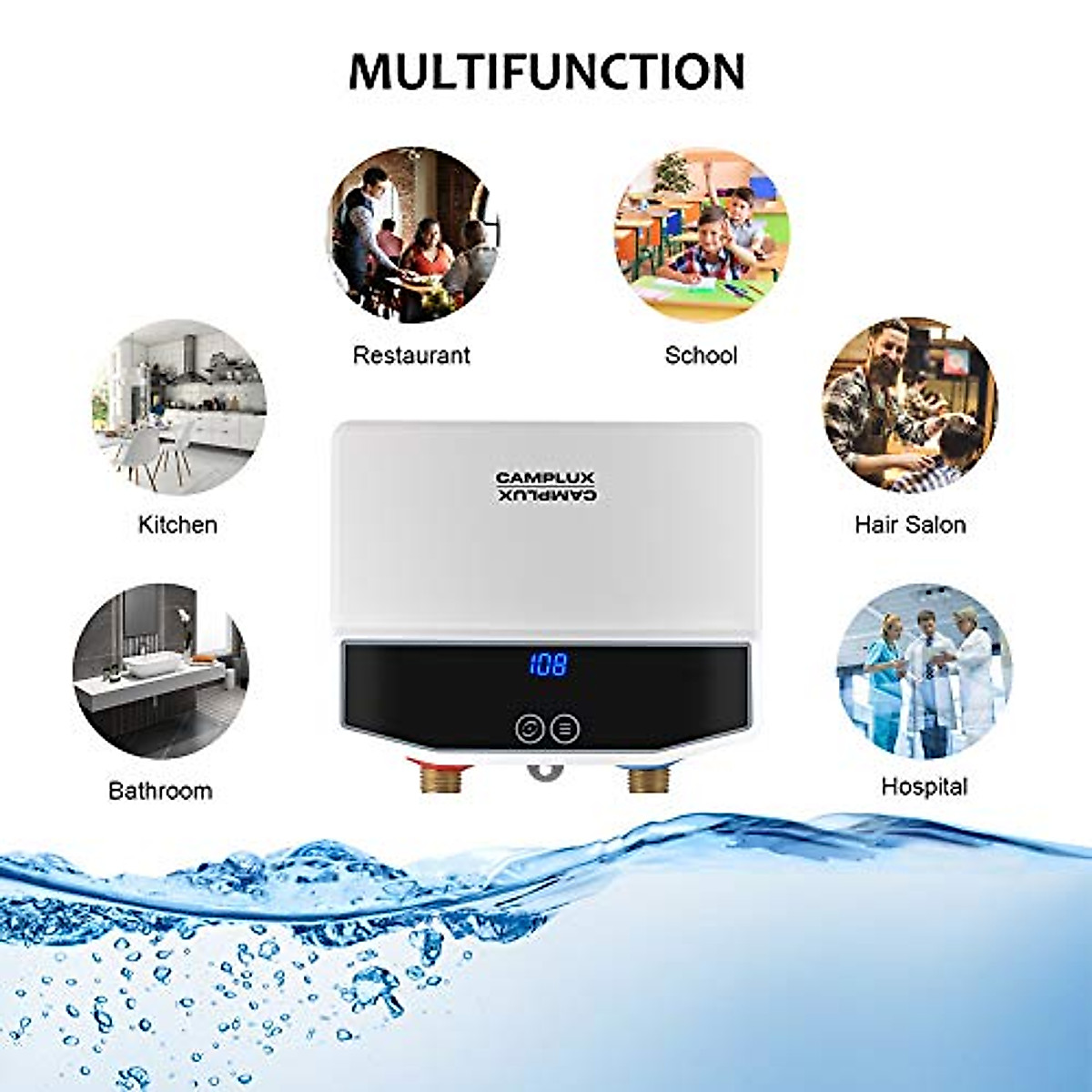 CAMPLUX Tankless Water Heater Electric with LED Display 120V Instant Water Heaters Under Sink 3.5kw TE04