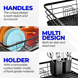 Ecomerr Dish Drying Rack for Kitchen Counter and Tabletop-Rust Proof Stainless Steel Dish Drainer with Drying Board and Removable Utensil Holder-Black Dish Rack with Drainboard 15.5”x11.4”x5.3”
