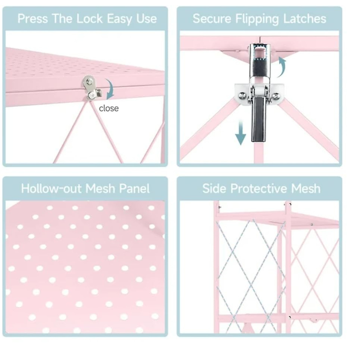 AZEITE 5-Tier Storage Shelving Unit, Heavy Duty Metal Shelf 27.9"x13.4"x62.5, Foldable Storage Shelf with Wheels, Garage Shelf, Kitchen Shelf with 4 Hooks, No Assemble Require（Pink）