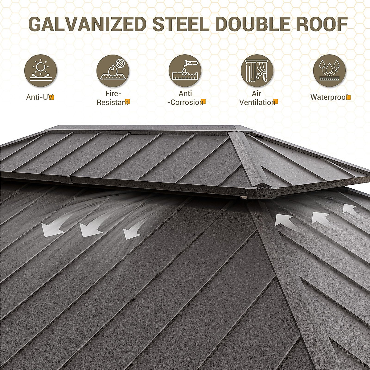 UDPATIO 12' x 16' Hardtop Gazebo, Outdoor Aluminum Gazebo with Galvanized Steel Double Roof, Permanent Metal Canopy with Curtains and Netting for Patio, Garden, Lawn, Backyard, Deck, Beige