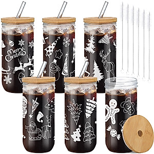 Zhehao 6 Pack Christmas Glass Cups 24 oz Christmas Mason Jars with Lids and Straws Christmas Tumbler Drinking Glasses Beer Can Shaped Coffee Cups for Wine Tea Water Xmas Decorations Gift