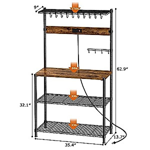 SUPERJARE Bakers Rack with Power Outlets - Height Adjustable Microwave Stand, 4-tier Kitchen Storage Rack with 10 S-shaped Hooks, 360° Hanging Strip, Coffee Bar Station - Rustic Brown