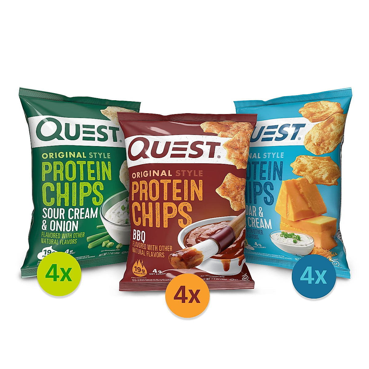 Quest Nutrition Protein Chips Variety Pack (BBQ, Cheddar & Sour Cream, Sour Cream & Onion) and Quest Nacho Cheese Tortilla Style Protein Chips