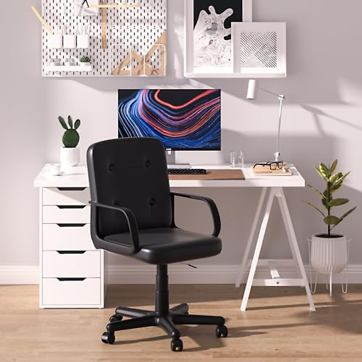 VECELO Executive Office Adjustable Height Casual Desk Chair with Armrests PU Leather Mid-Back 360 Degree Swivel with Wheels, Suit for Study, Work, Makeup, Leisure, Black, Set of 1