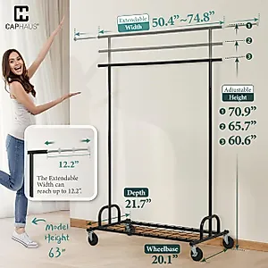 CAPHAUS Heavy Duty Clothes Rack, 440LBS Capacity Rolling Clothing Rack for Hanging Clothes, Adjustable Metal Wardrobe Rack, Portable Garment Rack with Shelf, Wheels, Extendable Rod, Black