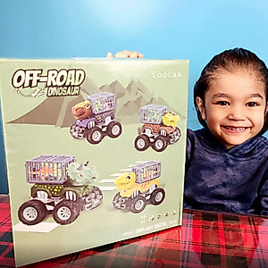 Yoocaa Dinosaur Toys for Kids 3-5, 4 Dinosaur Monster Trucks Mini Pull Back Cars, Dinosaur Transport Carrier Truck Playset, Gifts for Boys Toddler 3,4,5,6 Years Old