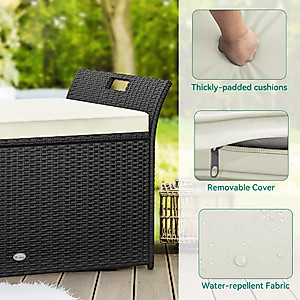 YITAHOME 90 Gallon Outdoor Wicker Storage Bench w/Cushion, Large PE Rattan Deck Storage Box w/Handles & Hydraulics for Patio Furniture, Cushions, Garden Tools, Pool & Sports Equipment, Black&Beige