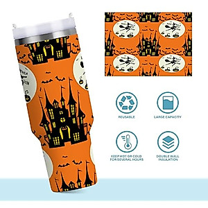 RPLIFE Halloween Haunted Houses 40oz Tumbler with Handle, Stainless Steel Tumbler with Straw, Coffee Tumbler