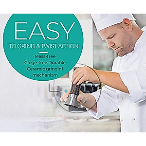 Salt and Pepper Grinder Set Of 2 - Adjustable Ceramic Coarseness, Stainless Steel, Glass Refillable Salt and Pepper Shakers & Mills For Spice, Black Peppercorn, Salt W/Wooden Spoon & Cleaning Brush