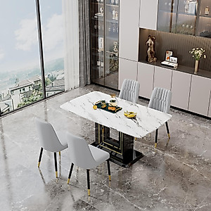 5-Piece Modern Glass Dining Table Set, 63" Kitchen Table with White Imitation Marble Pattern Tabletop and 4 Light Gray Dining Chairs Rectangular Kitchen Table Set Dining Room Table Set for 4