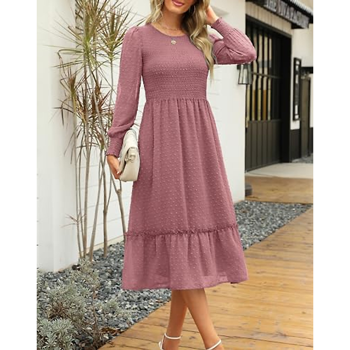 Maggeer Spring Long Sleeve Dress for Women 2024 Women's A Line Swiss Dot Wedding Guest Engagement Work Ladies Smocked Midi Causal Dresses Mauve L