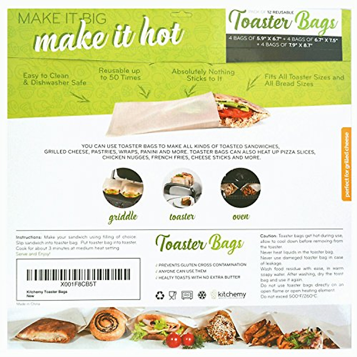 12 Toaster Bags Reusable for Grilled Cheese Sandwiches | Safest On The Market - Non Stick Toast Bag