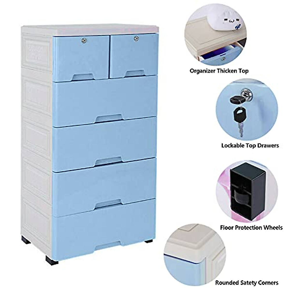Plastic Storage Cabinet 6 Drawer Units Vertical Clothes Storage Tower Dresser Small Closet Organizer Shelf Lockable for Clothes,Toys,Bedroom,Playroom (Blue)
