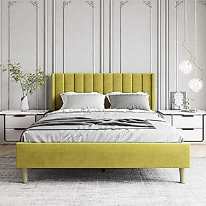 Zoophyter Upholstered Platform Bed Frame Queen Size with Headboard,Mattress Foundation/Strong Wooden Slats Support/No Box Spring Needed/Easy Assembly Yellow