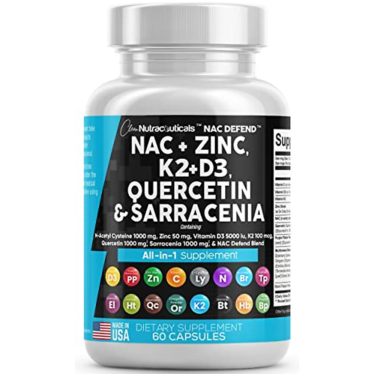 NAC Supplement N-Acetyl Cysteine 1000mg Vitamin D3 K2 Zinc Quercetin 1000mg Sarracenia Purpurea 1000mg with Elderberry Holy Basil Bee Propolis Bromelain L-Lysine Made in USA - 60 Count