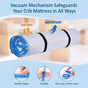 Crib Mattress Vacuum Bag, Protect & Compress Crib Mattress by 80%,Heavy Duty Zippered Crib Mattress Storage Bag for Moving Crib & Crib Storage, Infant Mattress Storage Bag