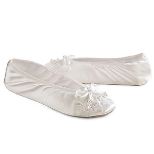 isotoner womens Satin Ballerina Slippers With Embroidered Pearl Ballet Flat, White, 6.5-7.5 US