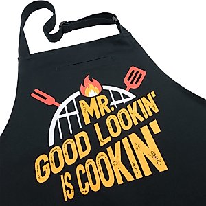 FixGrub Mr Good Lookin is Cookin BBQ Apron, Cooking Apron, Dad Apron, Funny Black Kitchen Apron with 3 Pockets,100% Cotton Durable
