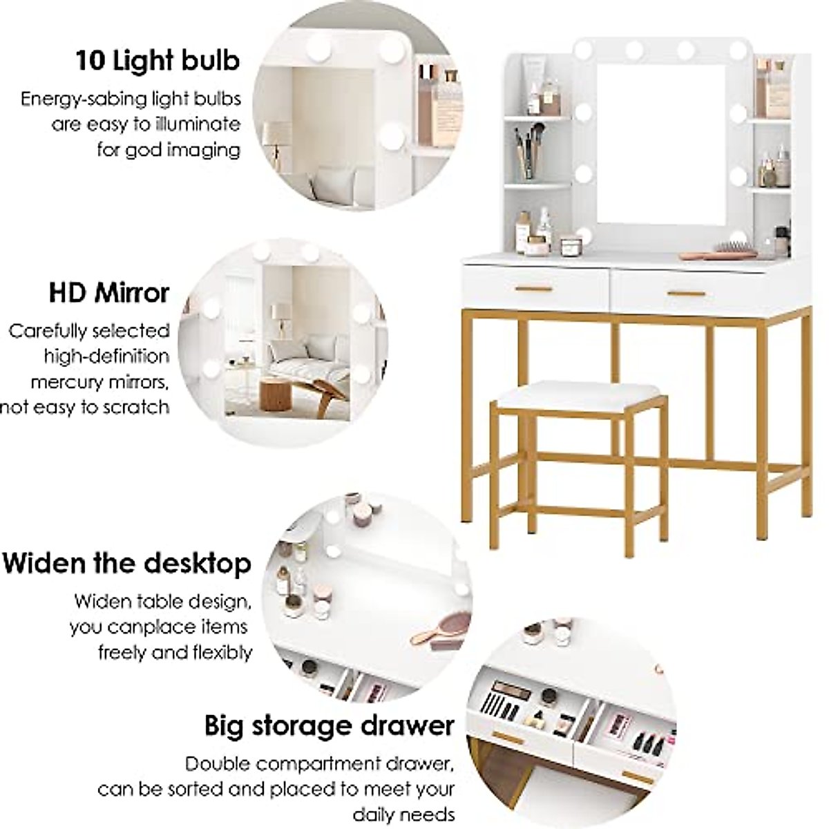 Vabches Makeup Vanity with Lighted Mirror,Vanity Mirror with Lights and Table Set,Vanity Set with 10 LED,Vanity Desk with 3 Lighting Modes and 2 Drawers&Cushioned Stool for Bedroom.