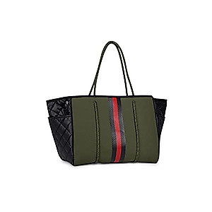Haute Shore - Greyson Avenue Neoprene Tote Bag w/Zipper Wristlet Inside, Army W/Black & Red Stripe