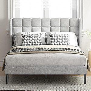 HAOARA Queen Bed Frame with Headboard and Upholstered Wingback, Modern Platform Bed Frame, Mattress Foundation Wooden Slats Support, No Box Spring Needed, Easy Assembly, Light Grey