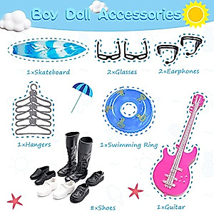 33 PCS Doll Clothes and Accessories for Ken Doll Including 5 Tops 5 Pants Casual Wear in Random 4 Pair of Shoes Hangers Glasses Earphone Guitar Surfboard Swimming Ring for 12 Inch Boy Doll