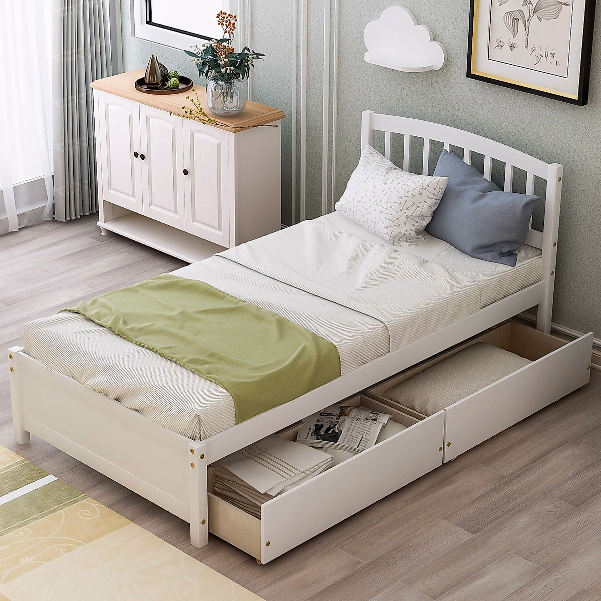 Harper & Bright Designs Twin Storage Bed, Twin Size Platform Bed with 2 Drawers, Wooden Twin Bed with Headboard & Slat Support, No Spring Needed, Twin Bed for Boys, Girls, Teens, Adults(White)
